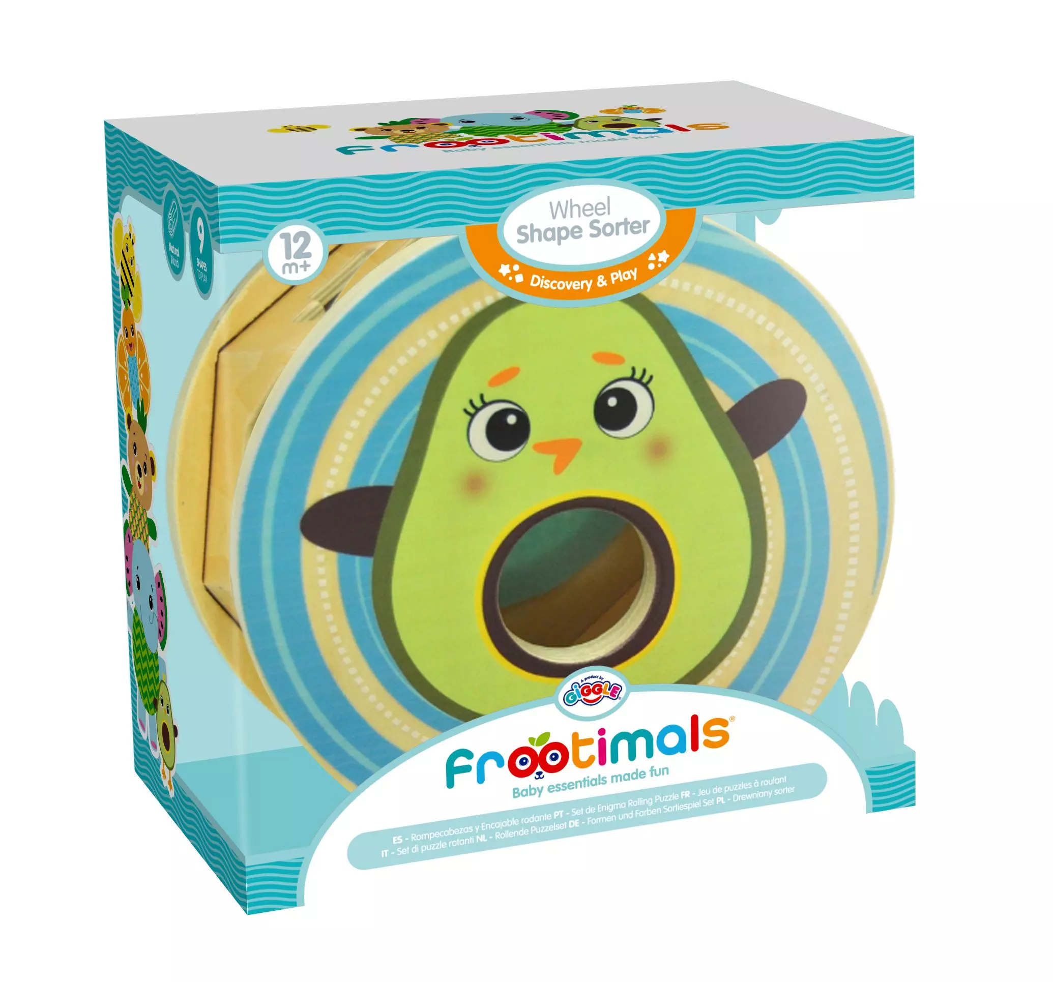 Drewniany sorter kształtów na kółkach Frootimals miss pio chickicado