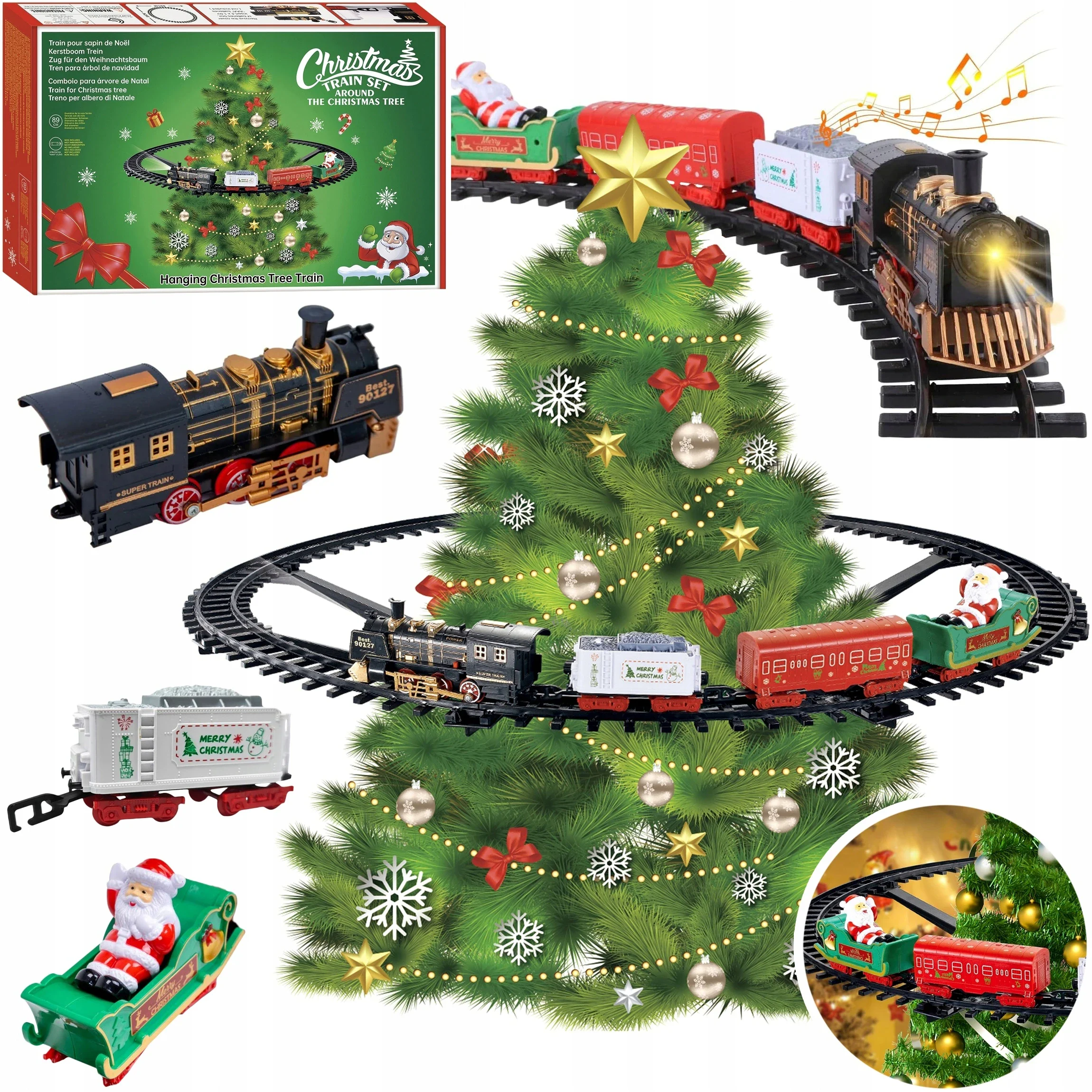 KOLEJKA ELEKTRYCZNA POCIĄG TOR NA CHOINKE ZESTAW LOKOMOTYWA WAGONY TORY